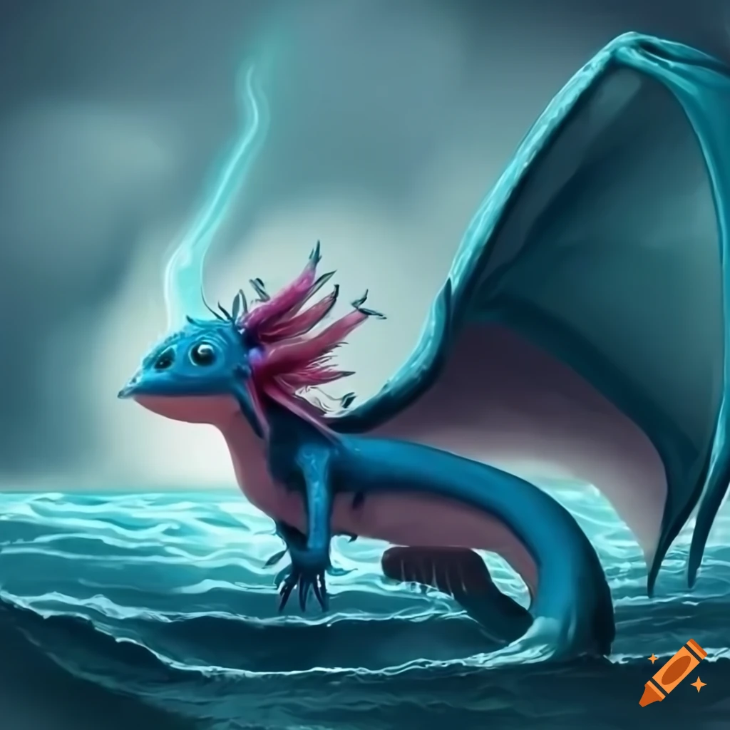 Fantasy artwork of a flying axolotl dragon over the stormy sea on Craiyon