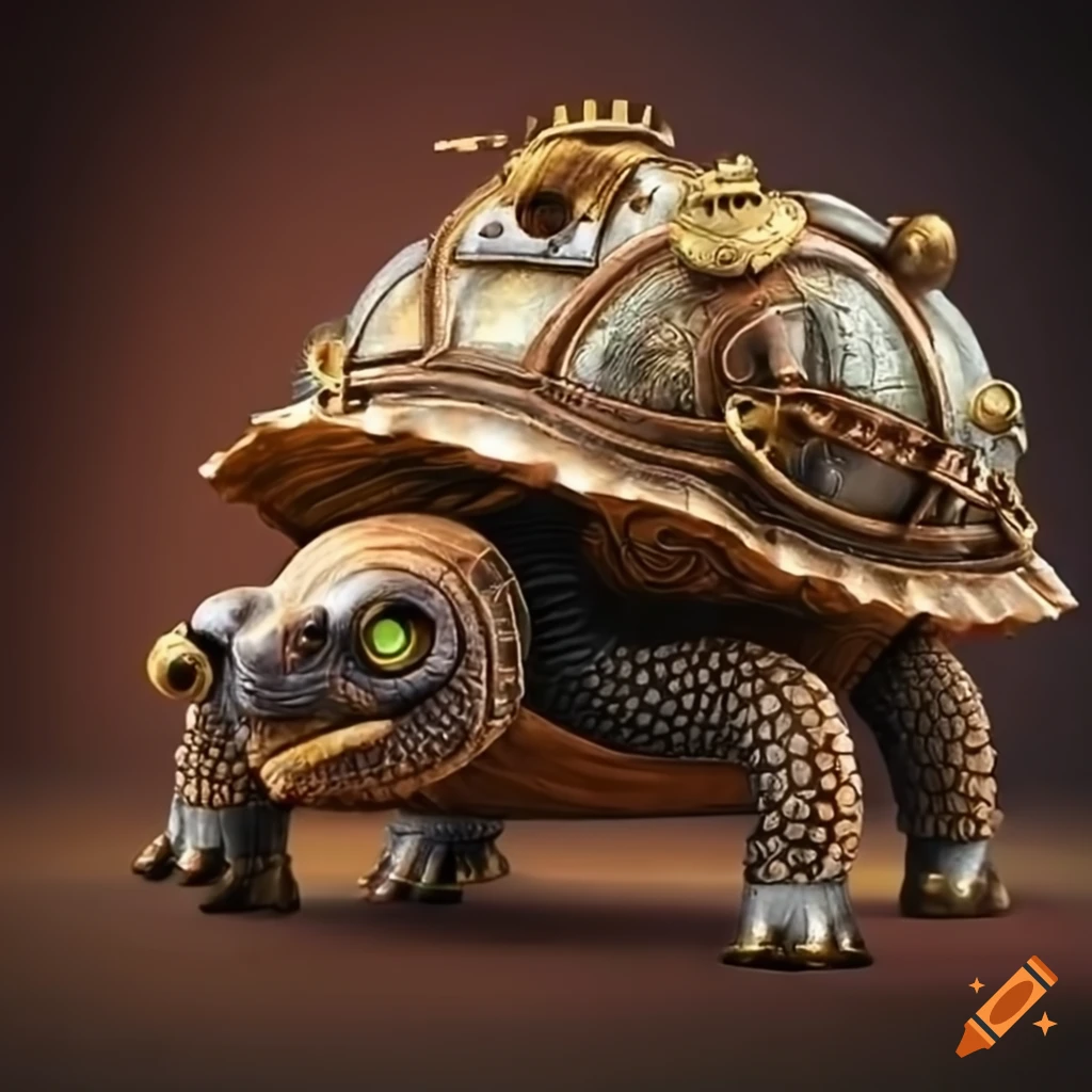 A steampunk turtle holding his watch and sitting on a stump on Craiyon