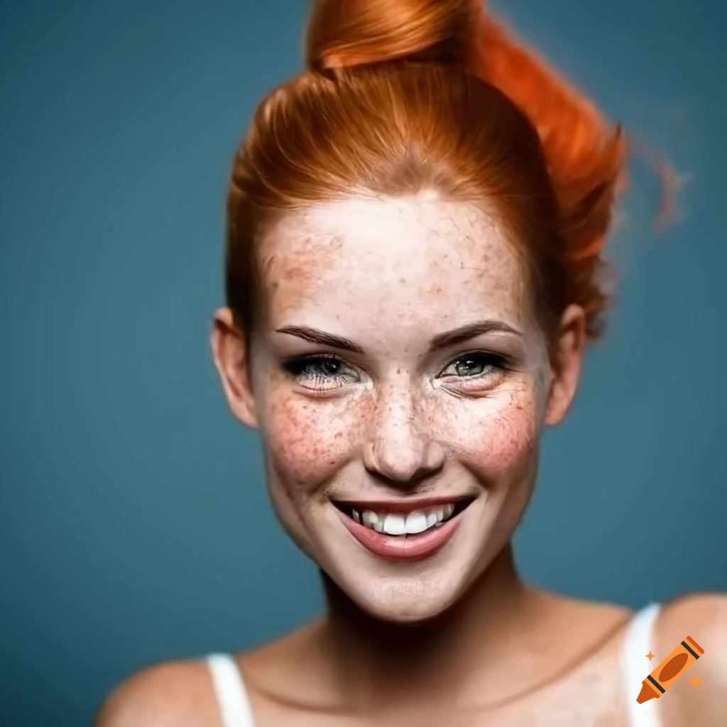 Portrait Of A Beautiful Young Woman With Auburn Hair And Freckles On
