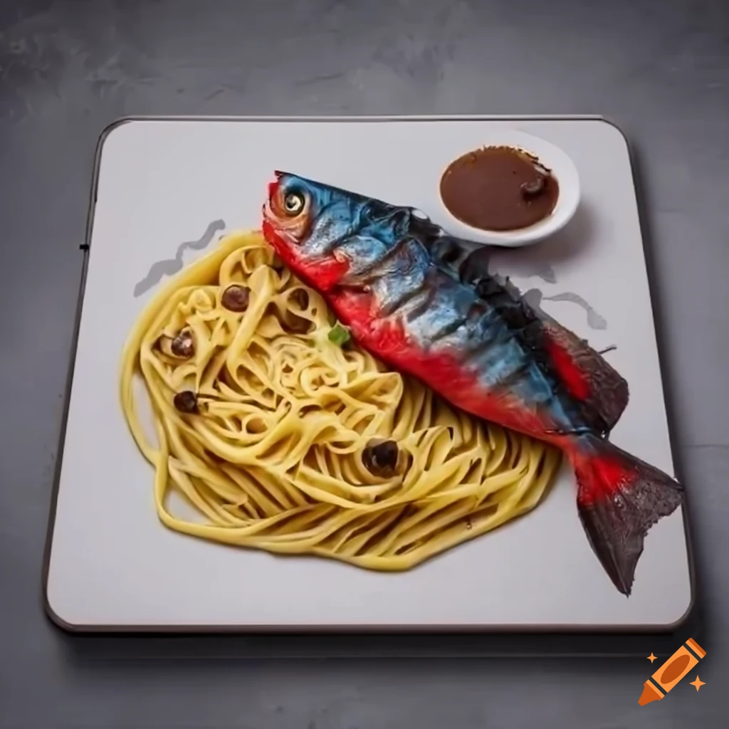 Delicious red alien mackerel, pasta and chocolate on white plate on Craiyon