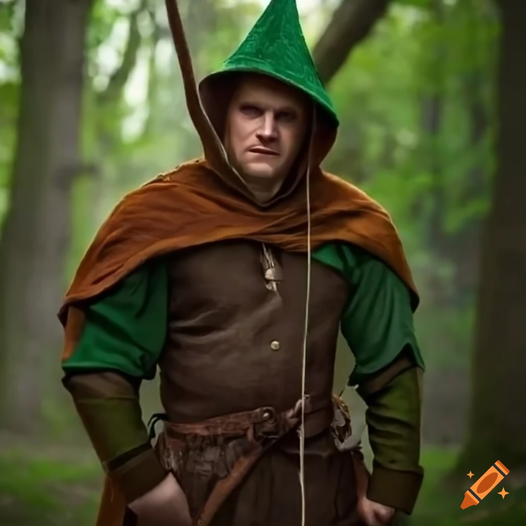 Image of a human robin hood with a bow in a forest on Craiyon
