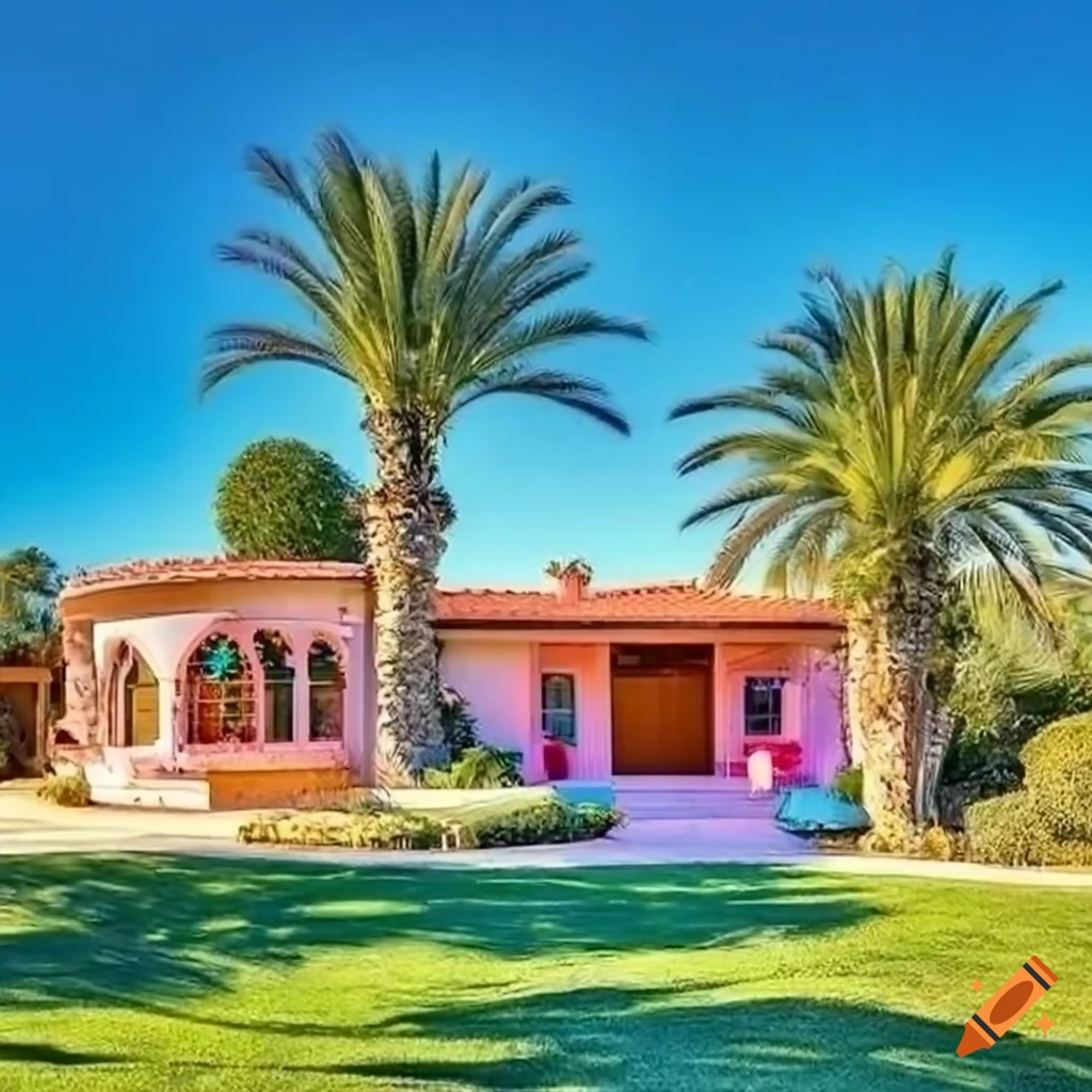 Scenic view of a California mansion at sunset on Craiyon