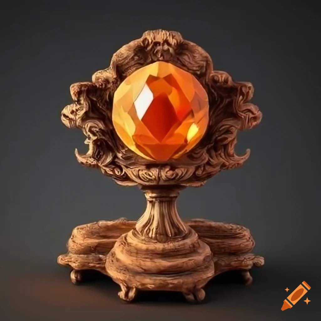 Fantasy gem on a wooden pedestal with flower motifs on Craiyon