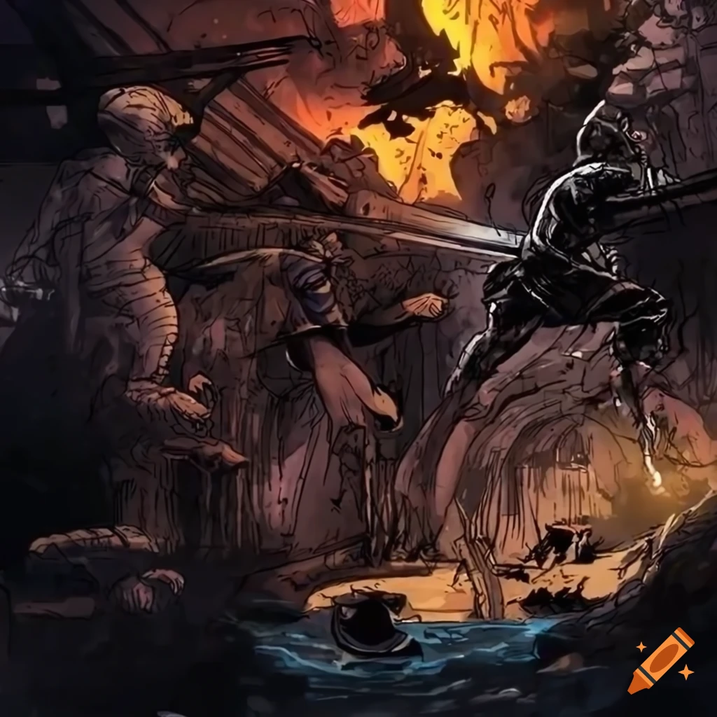 Comic-style artwork of an intense sewer canal battle on Craiyon