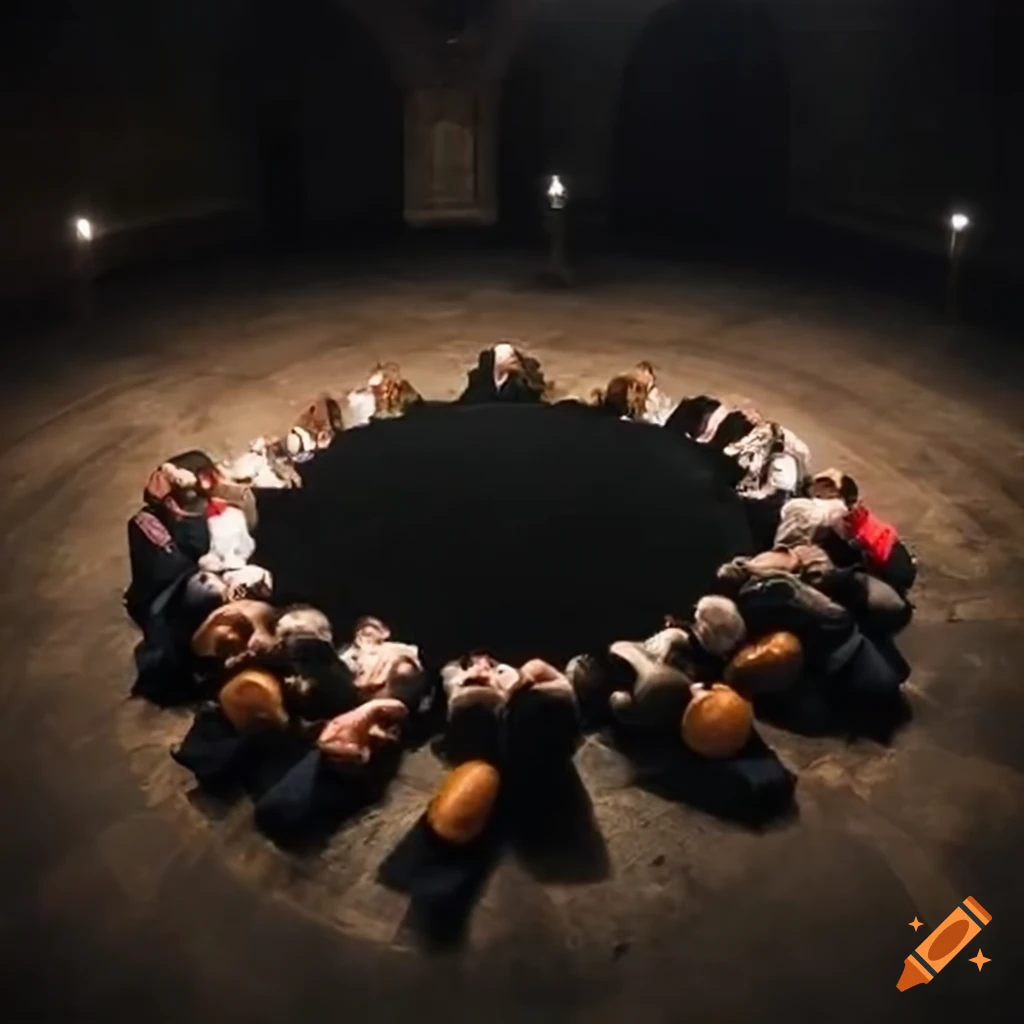 Image of medieval peasants praying in a circle on Craiyon