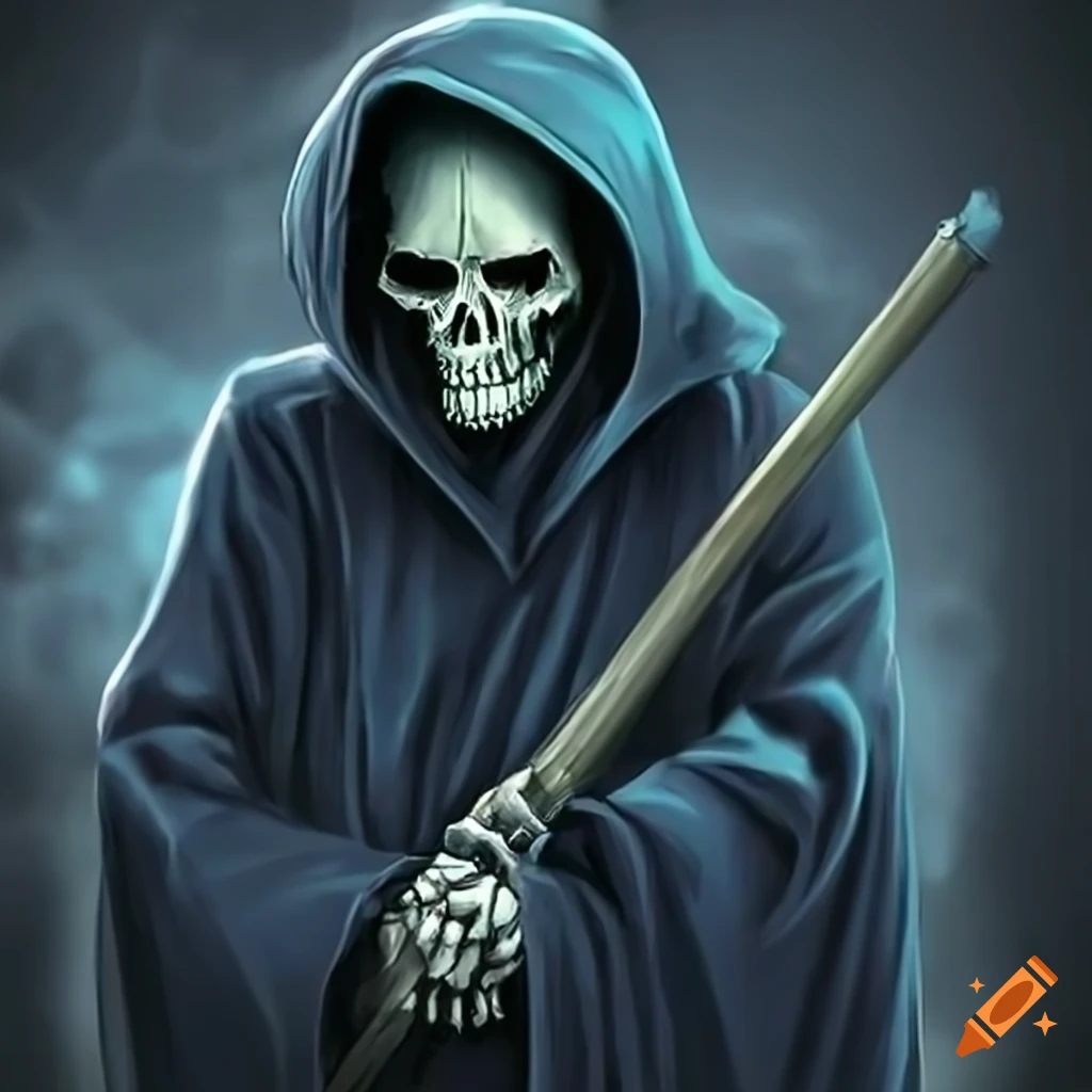 Grim reaper design with expressive green eyes and dark, symmetrical ...
