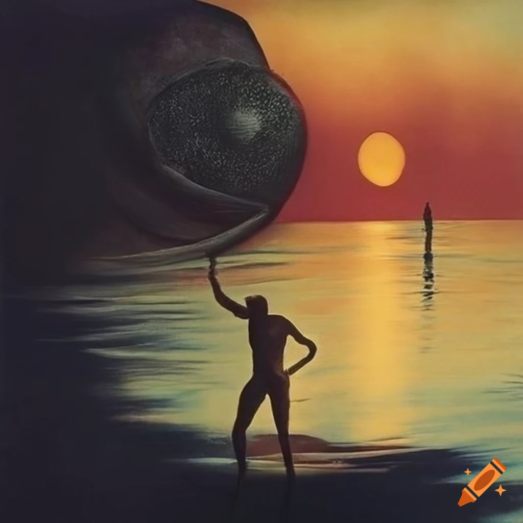 Surrealist artwork of a man with bird in a sunset sea on Craiyon