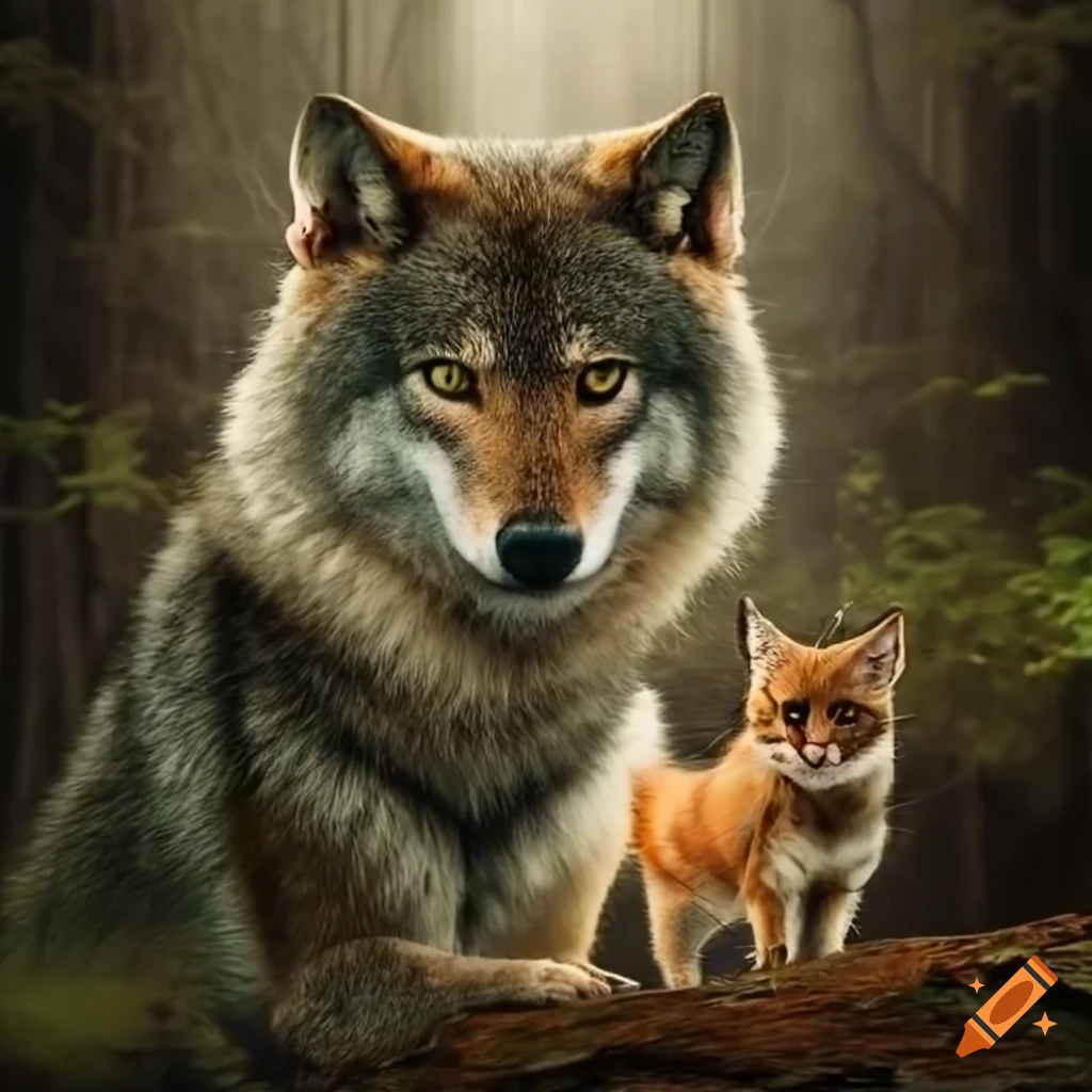 Wolf and cat in the forest