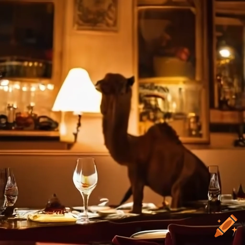 Image of a camel enjoying wine in an Italian restaurant on Craiyon