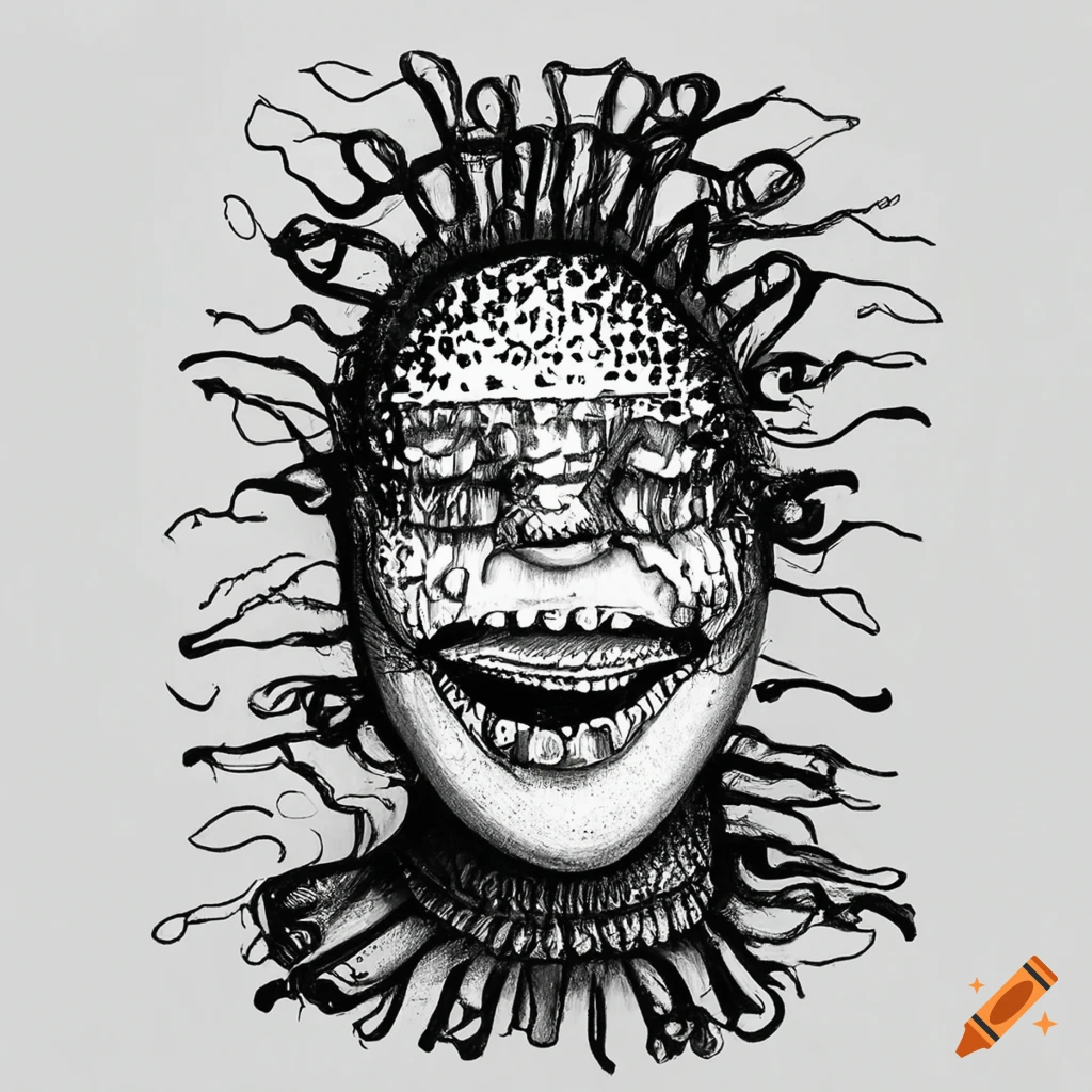 Black and white drawing of a dystopia eating and a utopia smiling on ...