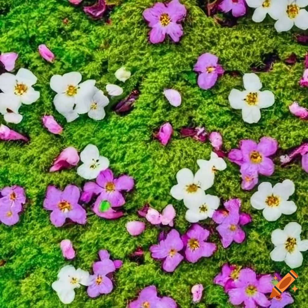 Vibrant garden with moss and colorful bacopa flowers on Craiyon