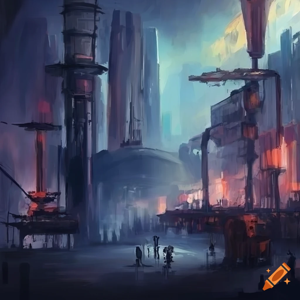 Highly detailed impressionist concept art of a futuristic factory on ...