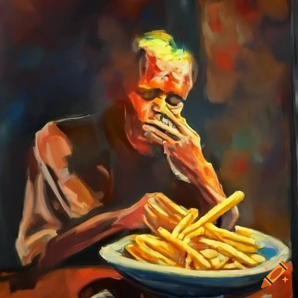 Expressionist painting of a man eating fries at night on Craiyon