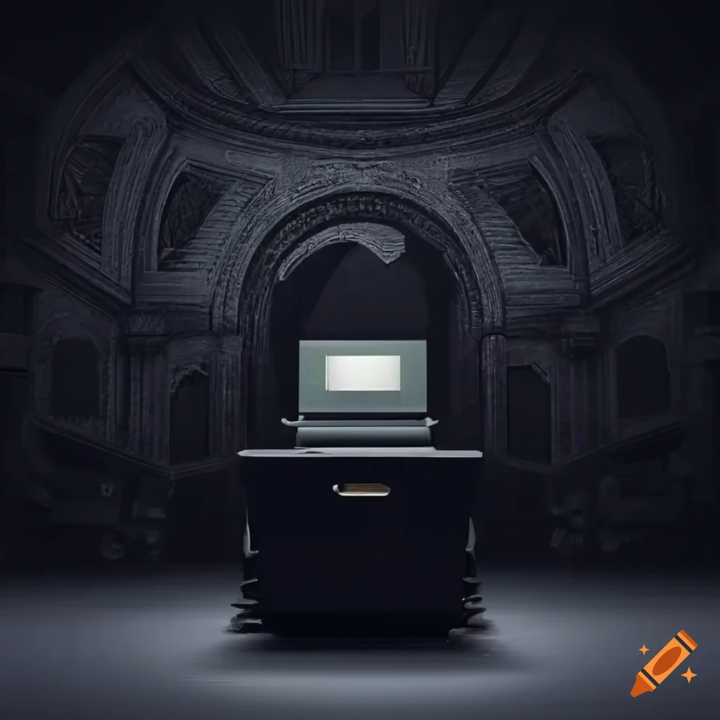 Dark chamber with an altar and old computer