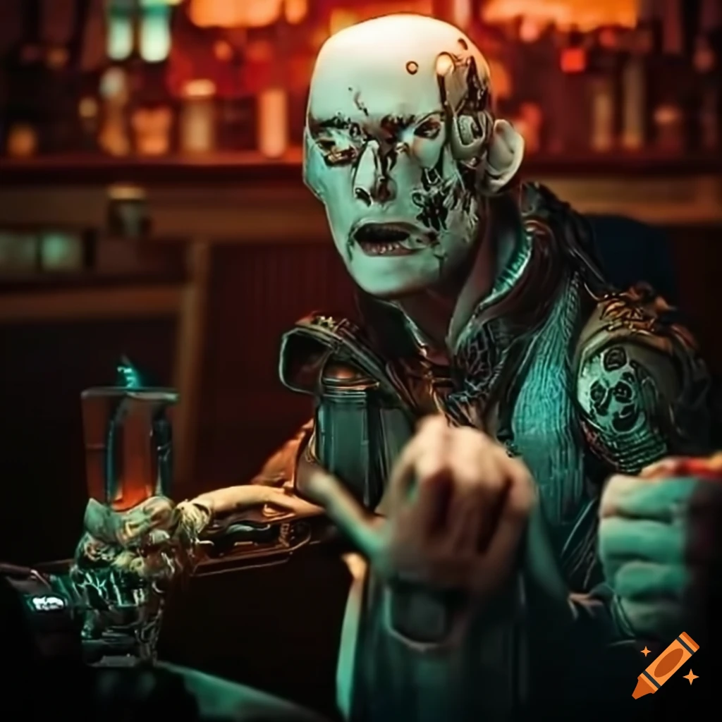 Cyborg man in a dark bar on Craiyon