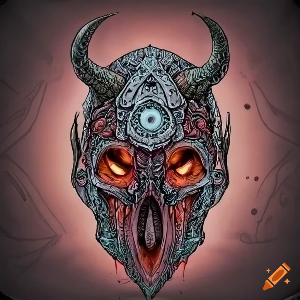 Demonic helmet with a giant eye artwork