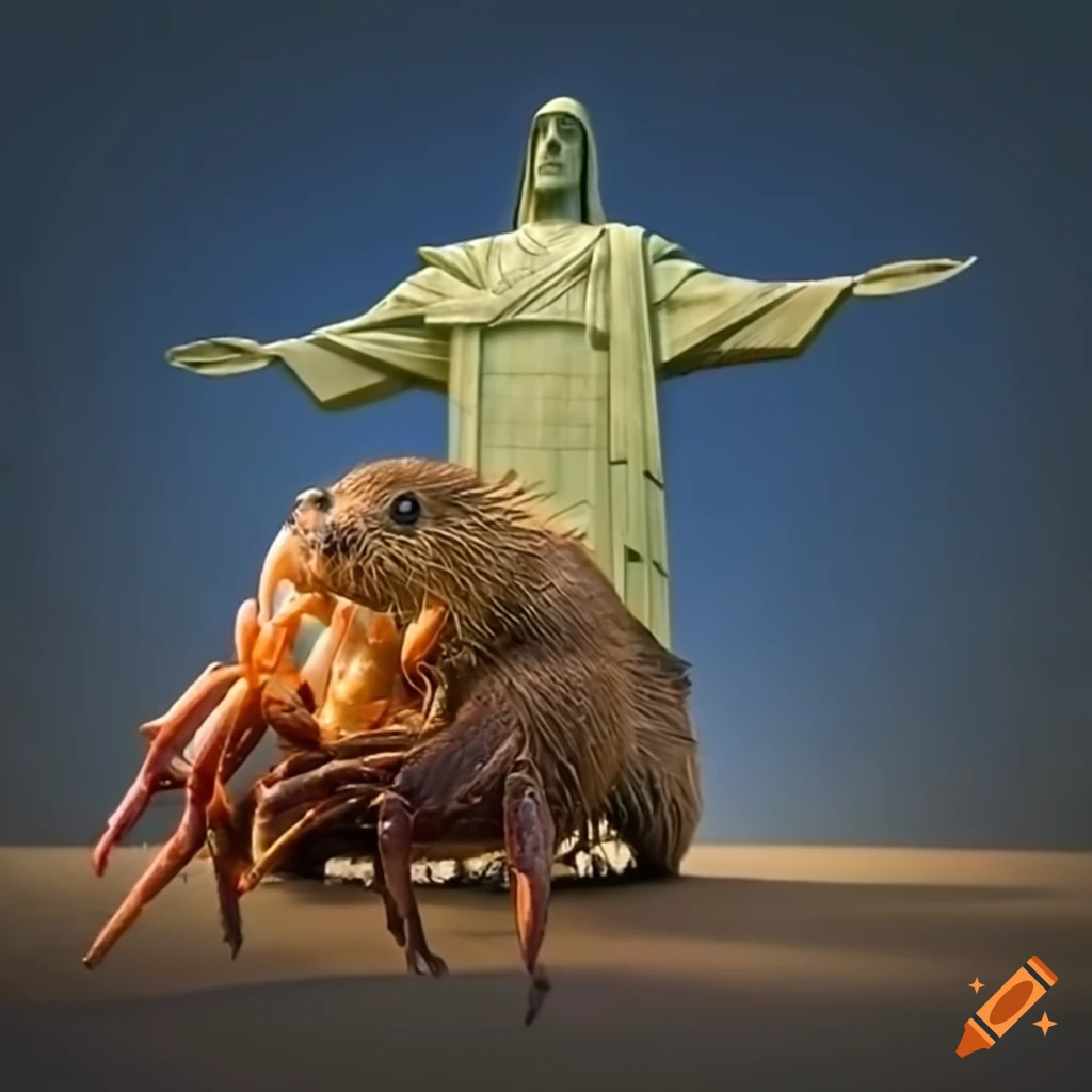 Hermit crab and beaver with christ the redeemer in the background