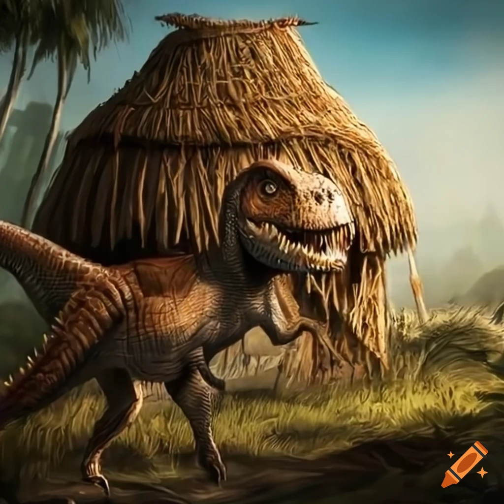 Hyper realistic artwork of a t-rex attacking a straw hut on Craiyon
