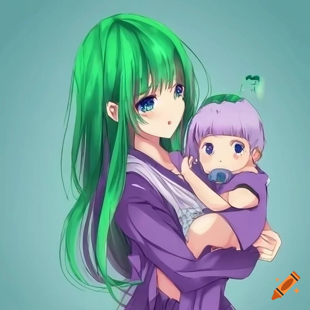 Artistic depiction of an anime girl holding a baby on Craiyon