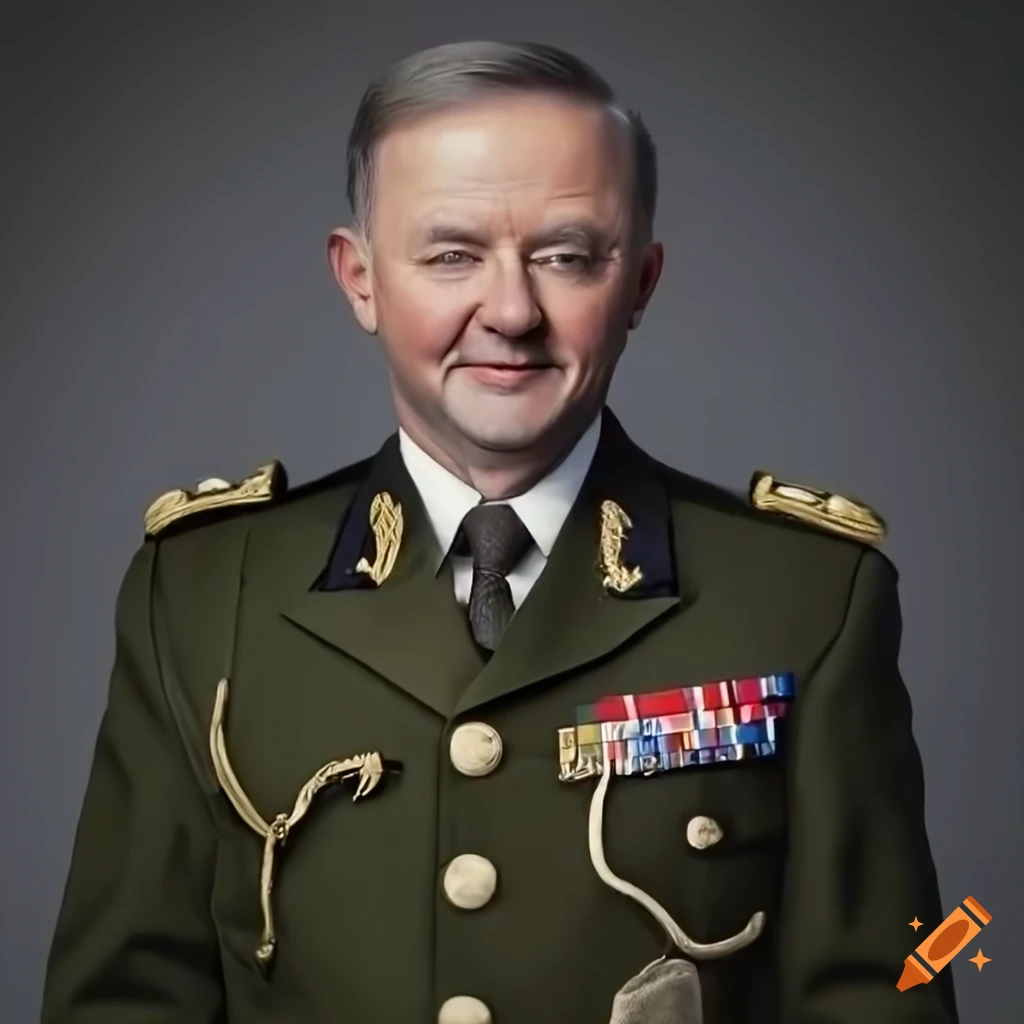 Portrait of Anthony Albanese in a military uniform on Craiyon