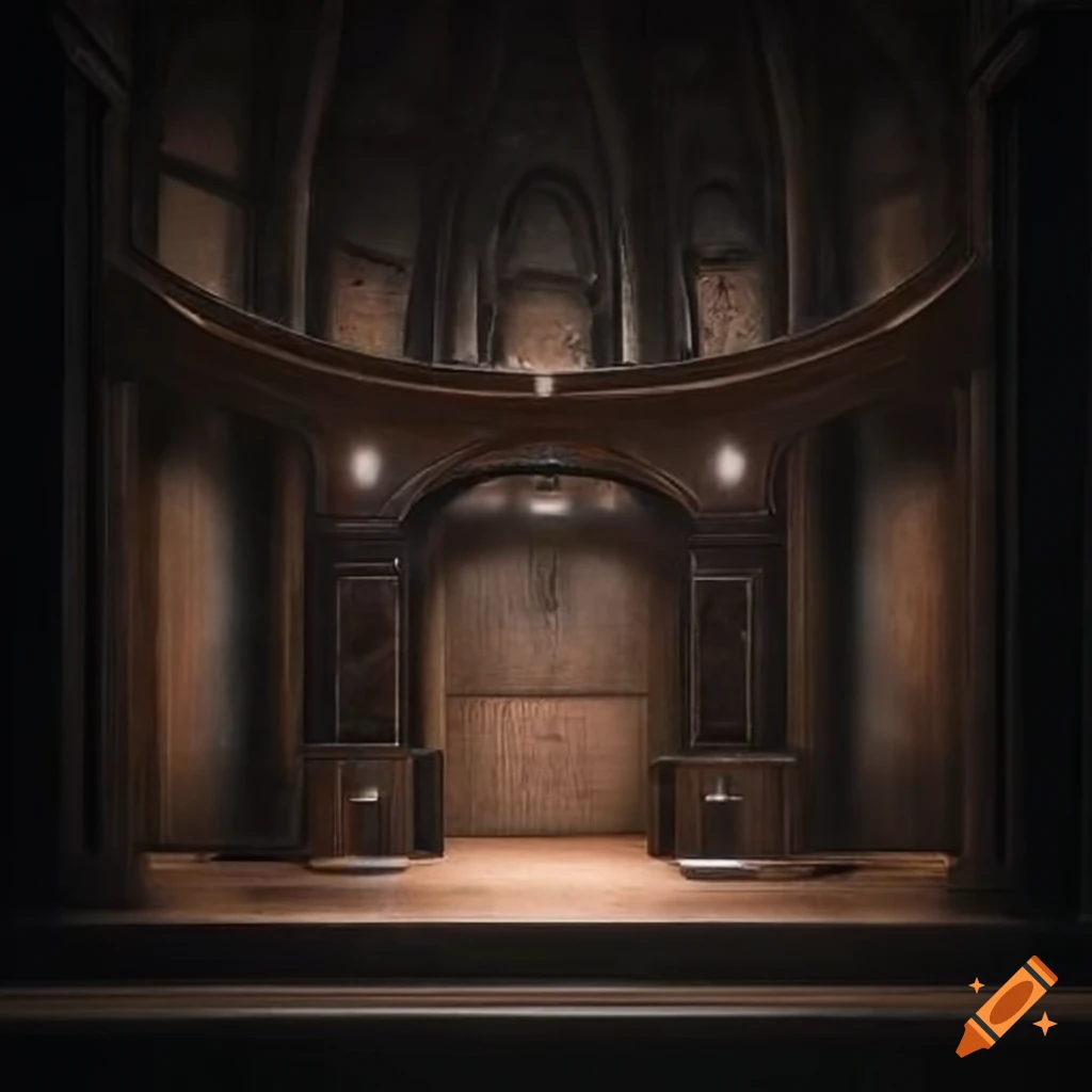 Interior of a dark wood chamber with a black altar