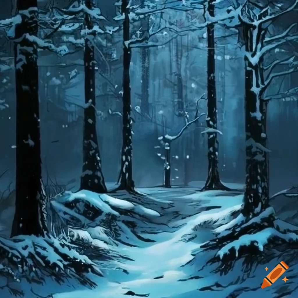 Comic book art of a snowy forest on Craiyon