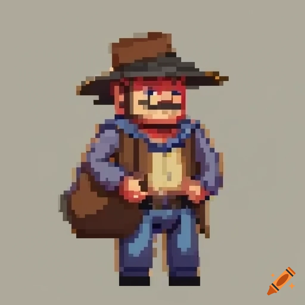 Pixel art of a hobo with a traveling stick in the wild west on Craiyon