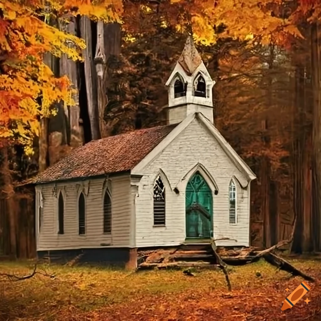 Autumn scene of a broken small church in the woods on Craiyon