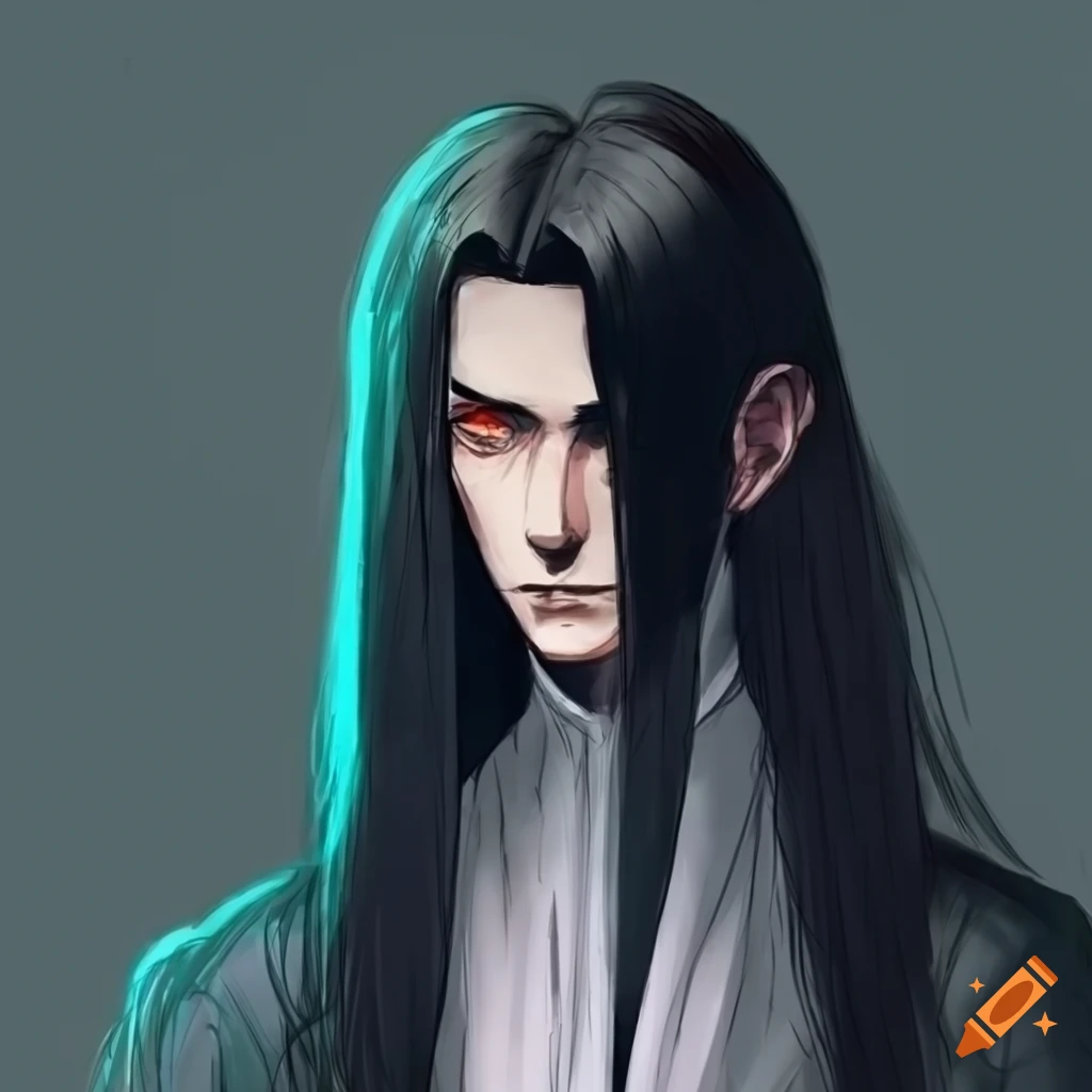 Image of a stern male wizard with long black hair on Craiyon