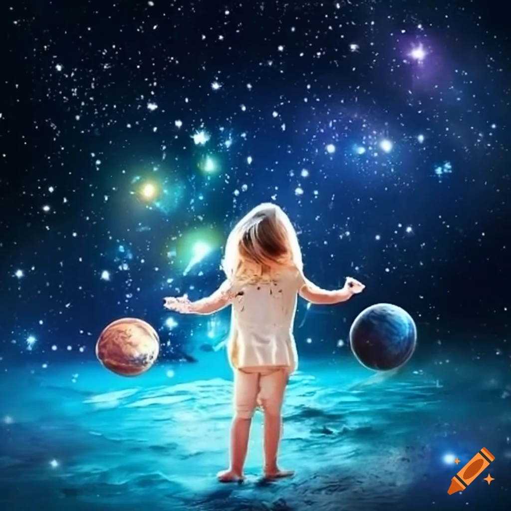 Child floating in space with headphones and vinyl on Craiyon