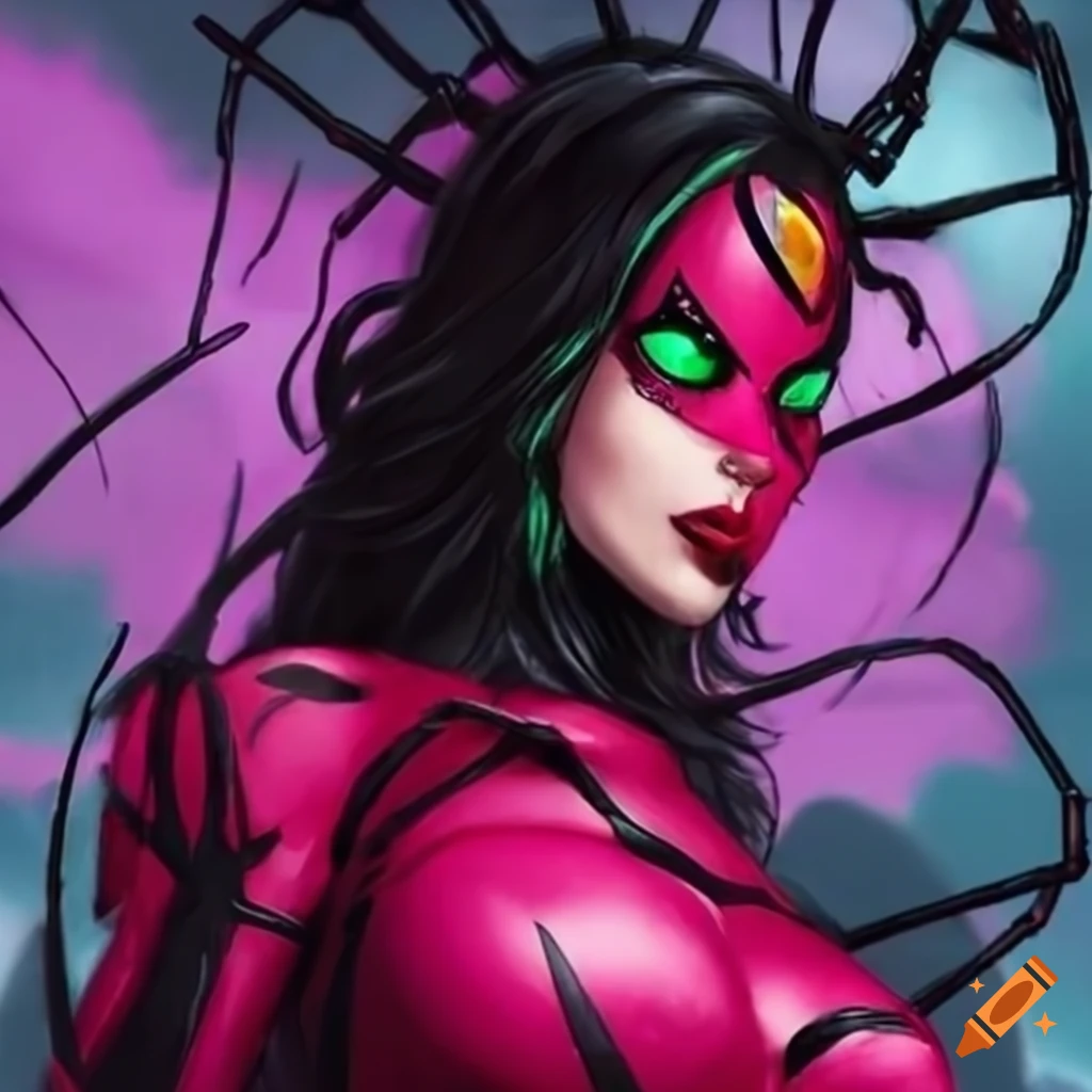 Image of a pink widow spider-woman with black hair and green eyes on ...