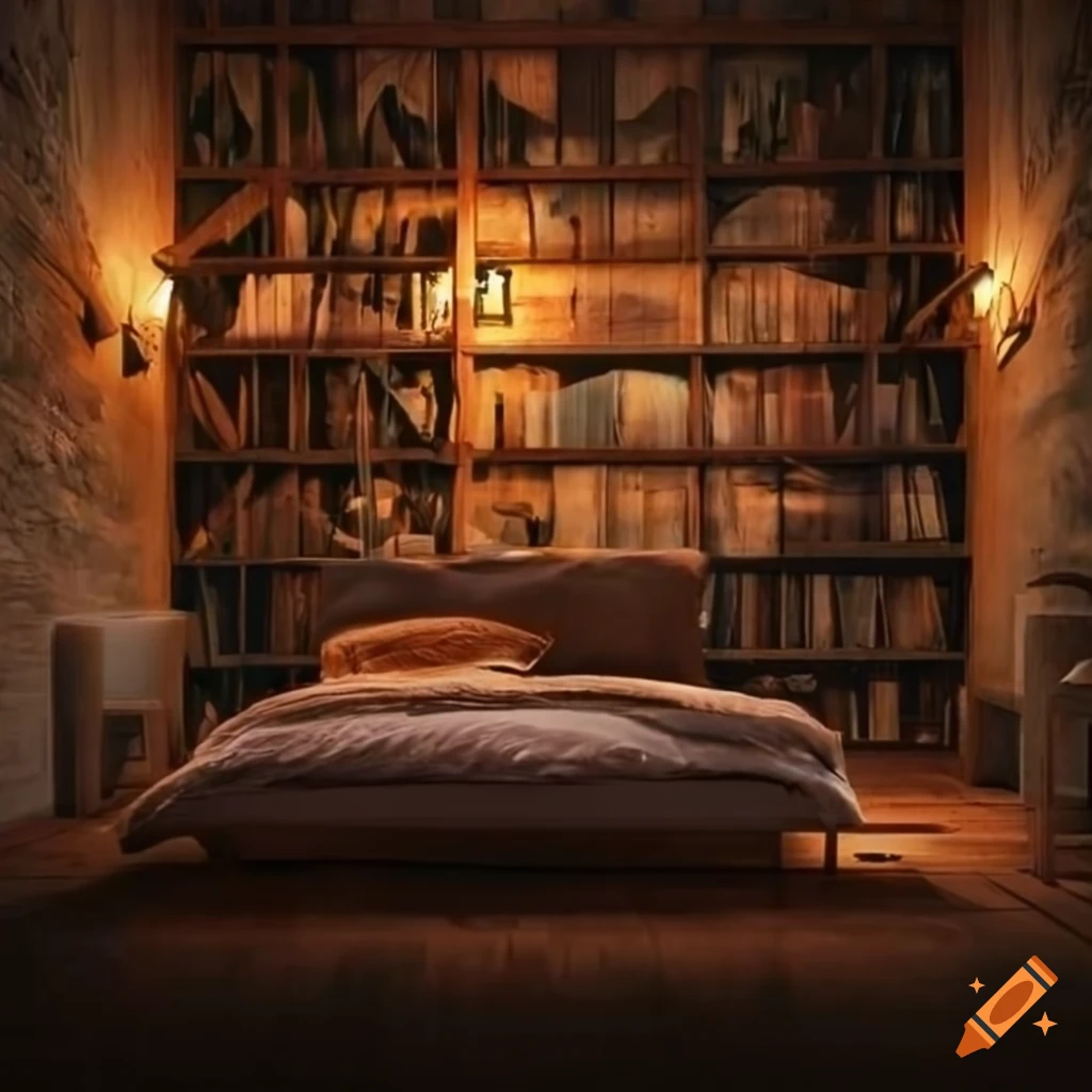 Warmly lit rustic bedroom with bookshelves and forest view