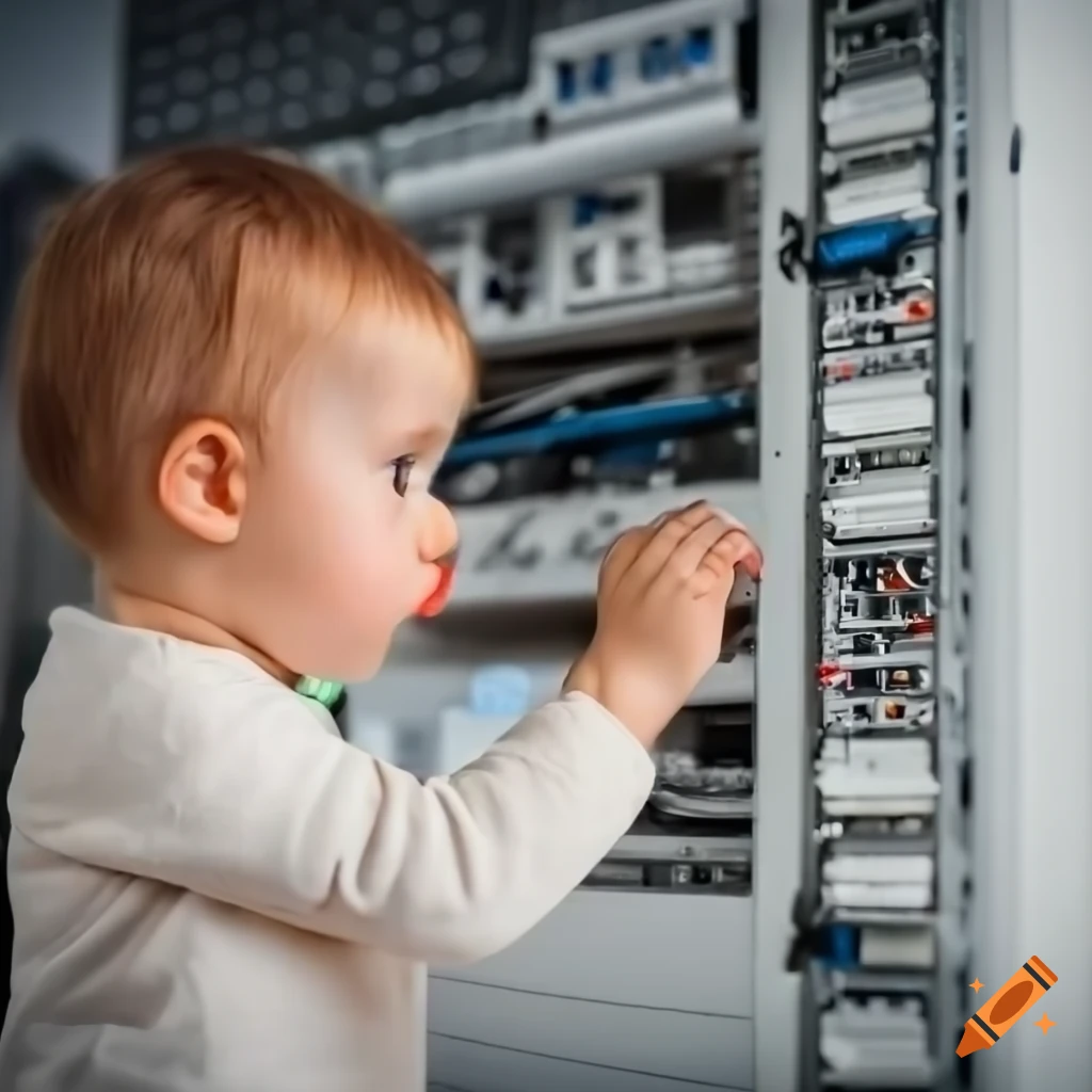 Toddler working with power tool and computer in an office on Craiyon
