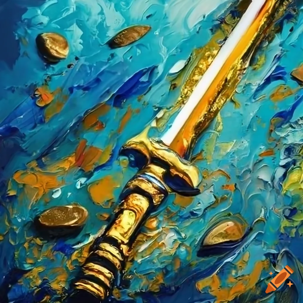Painting of gold saber stuck in a large stone underwater on Craiyon
