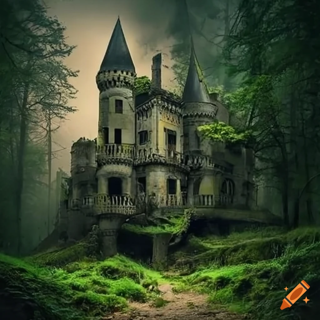 Image of a mysterious abandoned castle hidden in a dark forest on Craiyon