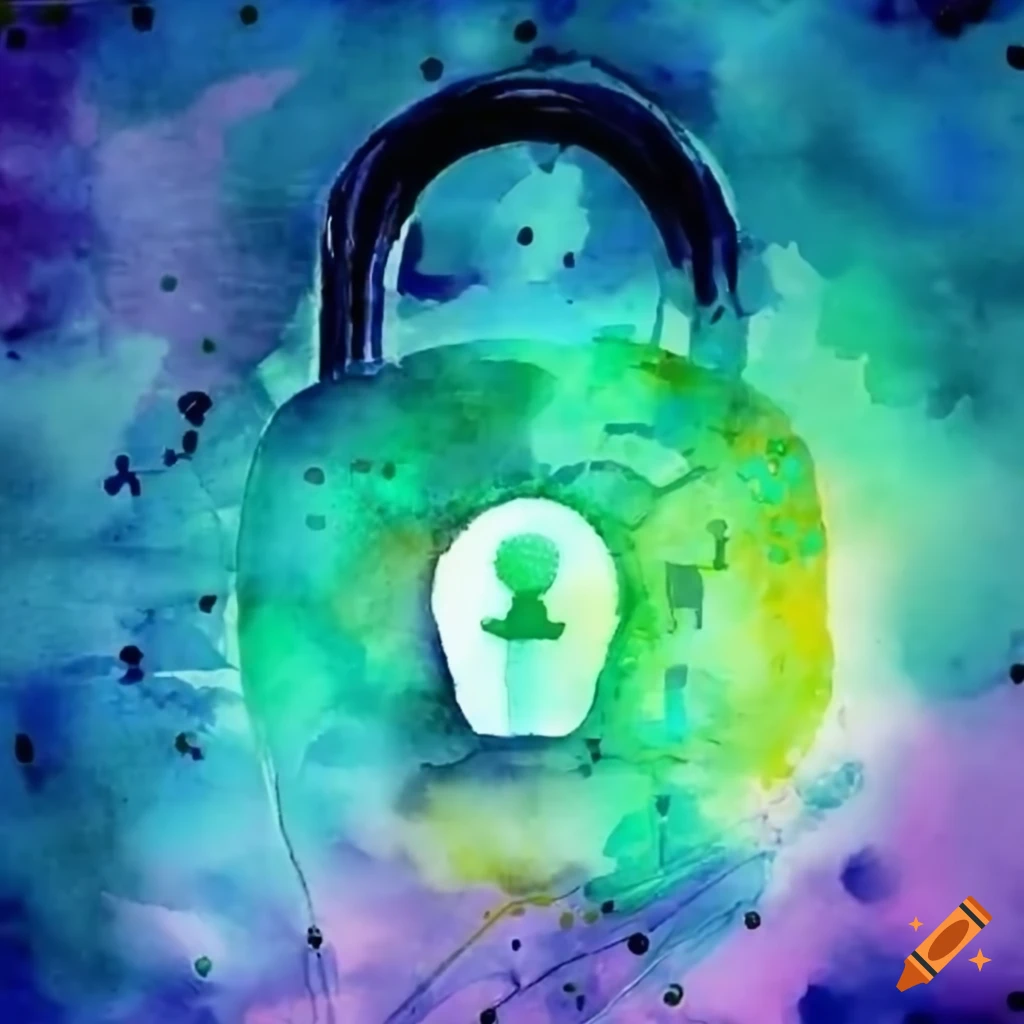 Steampunk padlock on a stream of purple colored oils on Craiyon