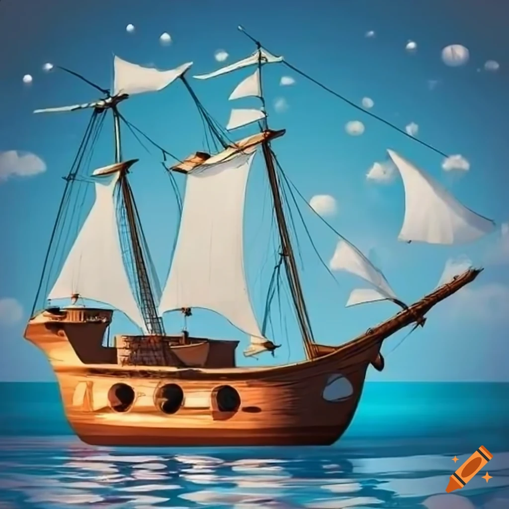 Profile view of a pirate ship with white sail on sunny beach on Craiyon