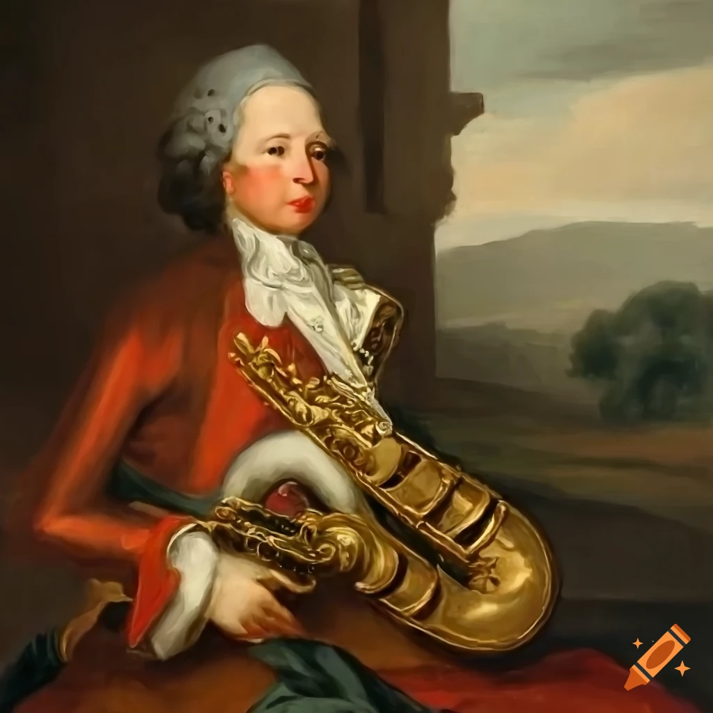 Oil painting of a duke playing saxophone in front of a castle