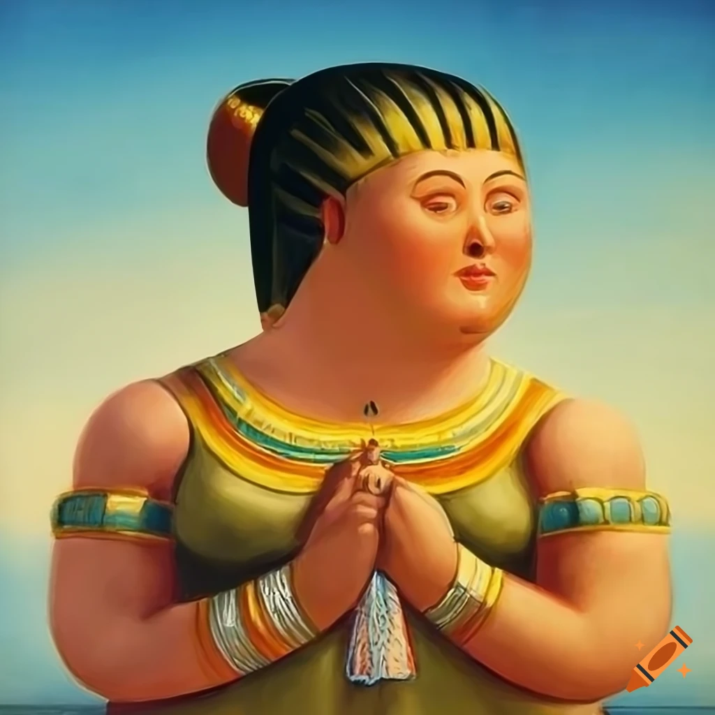 Artistic depiction of an egyptian goddess in the style of fernando botero