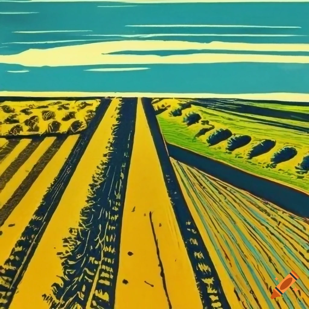 Agricultural fields and blue sky top view in linocut style on Craiyon