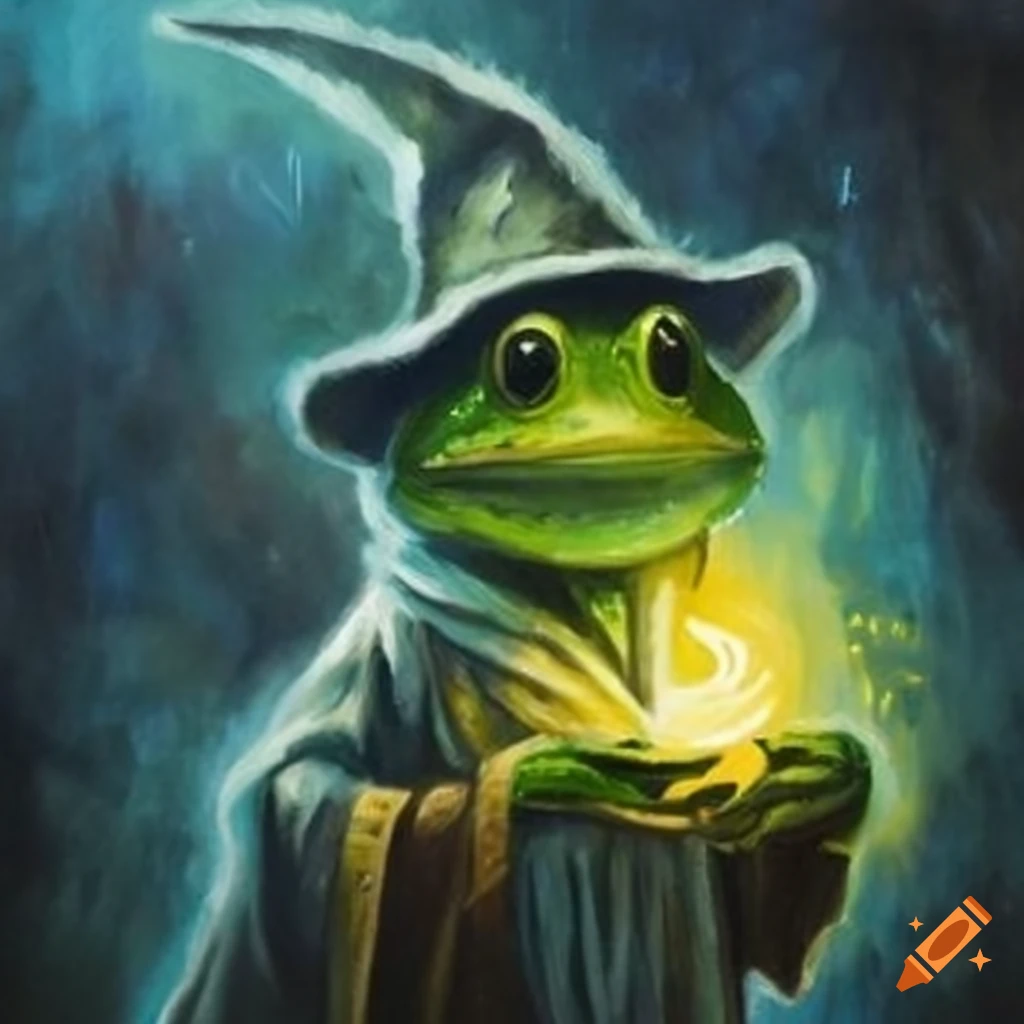 Painting of a wizard frog holding a glowing heart on Craiyon