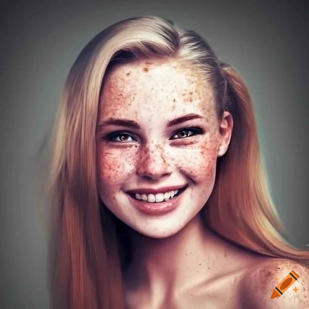 Portrait Of A Beautiful Young Woman With Freckles And Blonde Hair On
