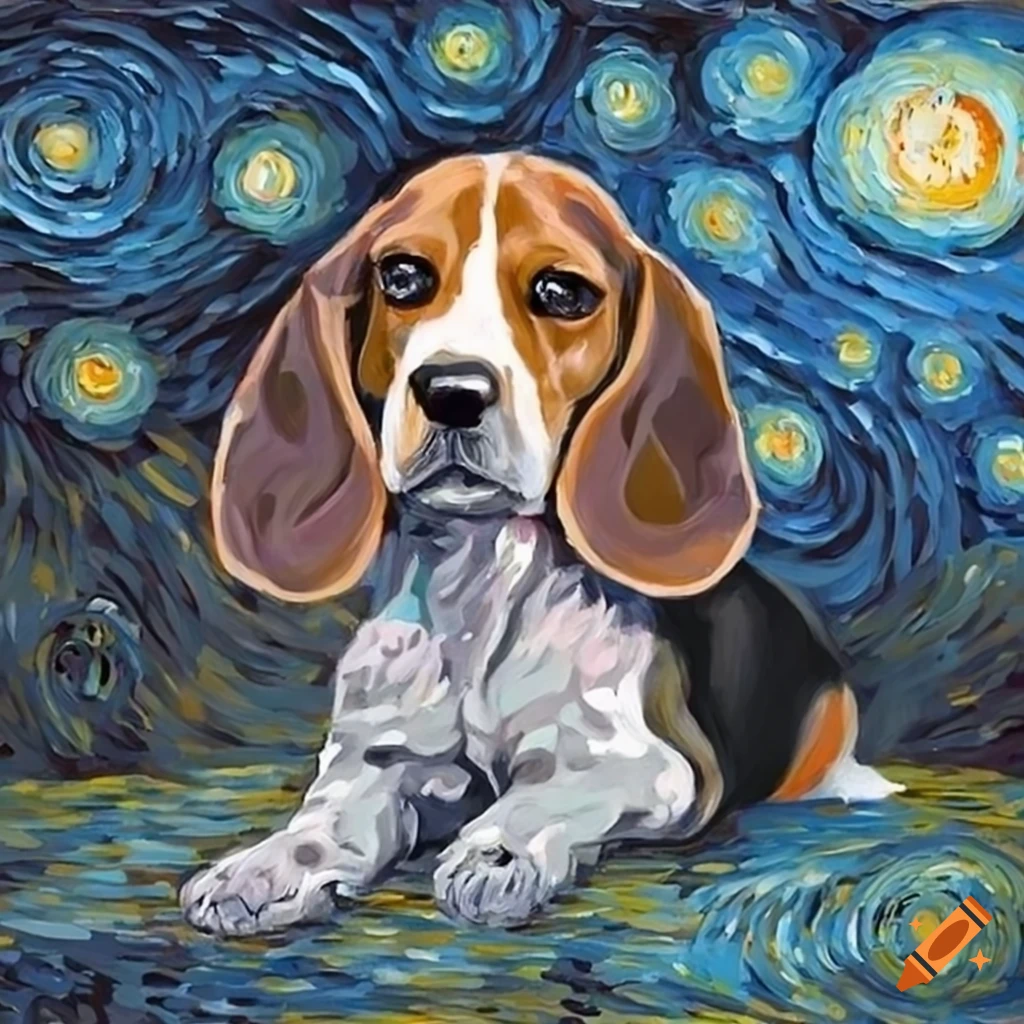 Detailed painting of a beagle puppy in starry night style on Craiyon