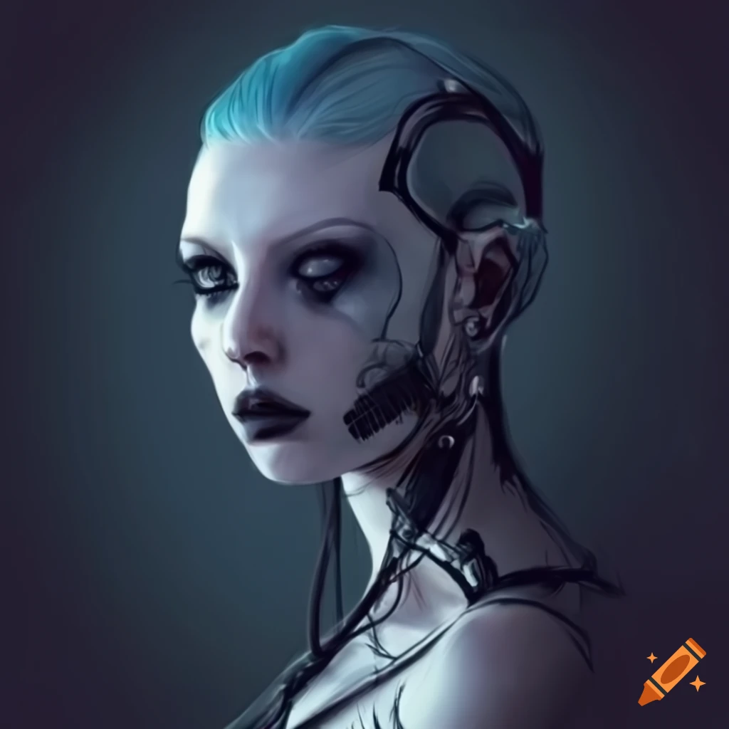 Dark and gothic depiction of a redhead cyborg on Craiyon