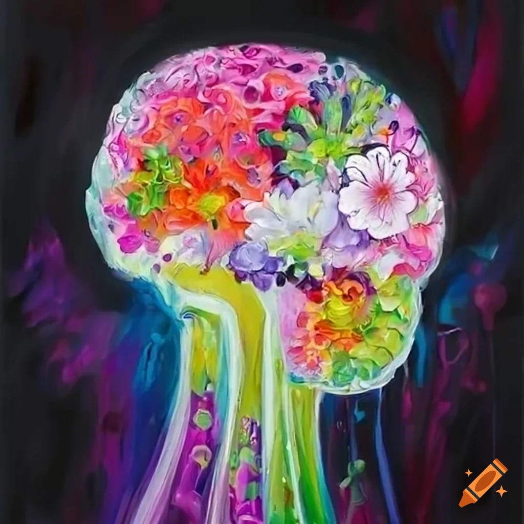 Colorful cartoon brain with flowers on Craiyon