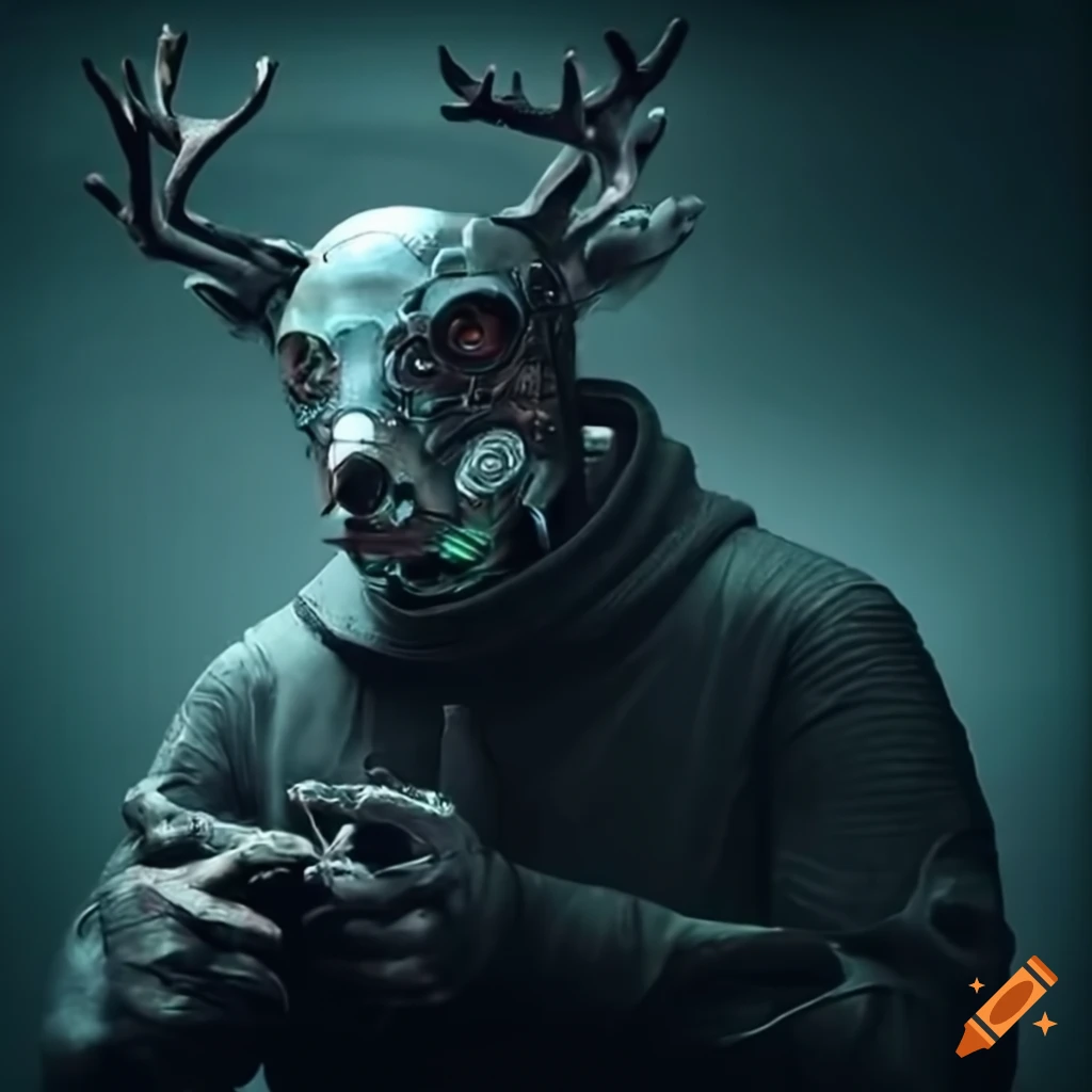 Cyborg man driving with a deer in a dystopian setting on Craiyon