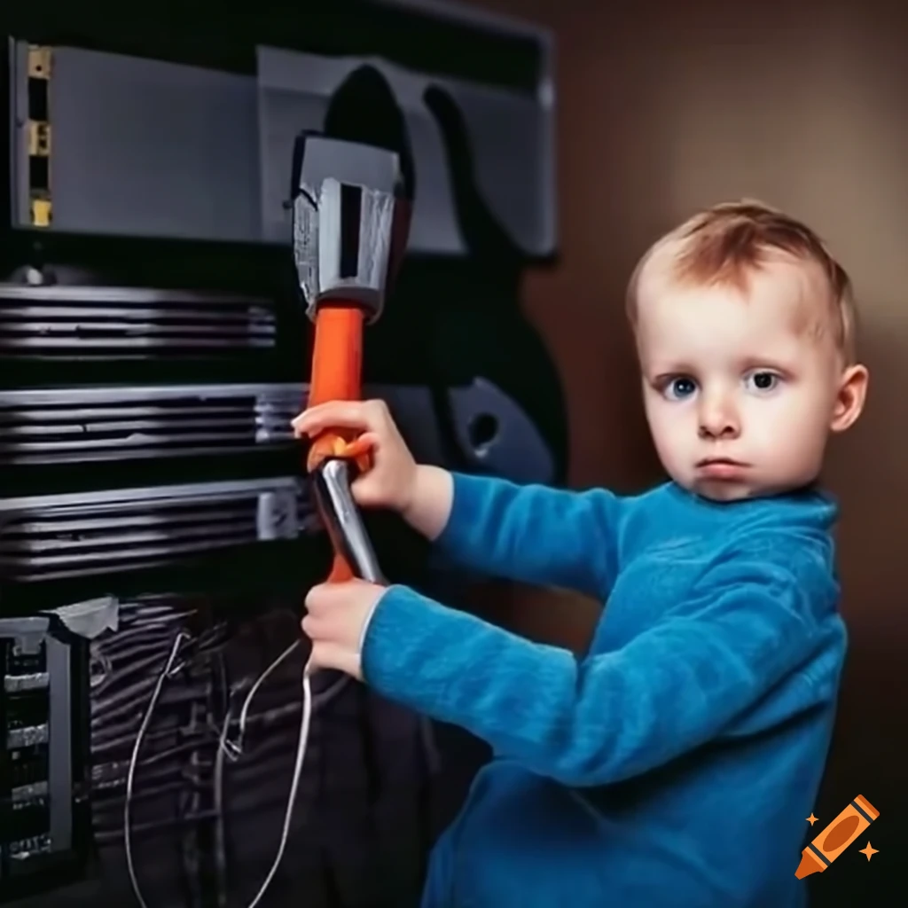 Toddler working with power tool and computer in an office on Craiyon
