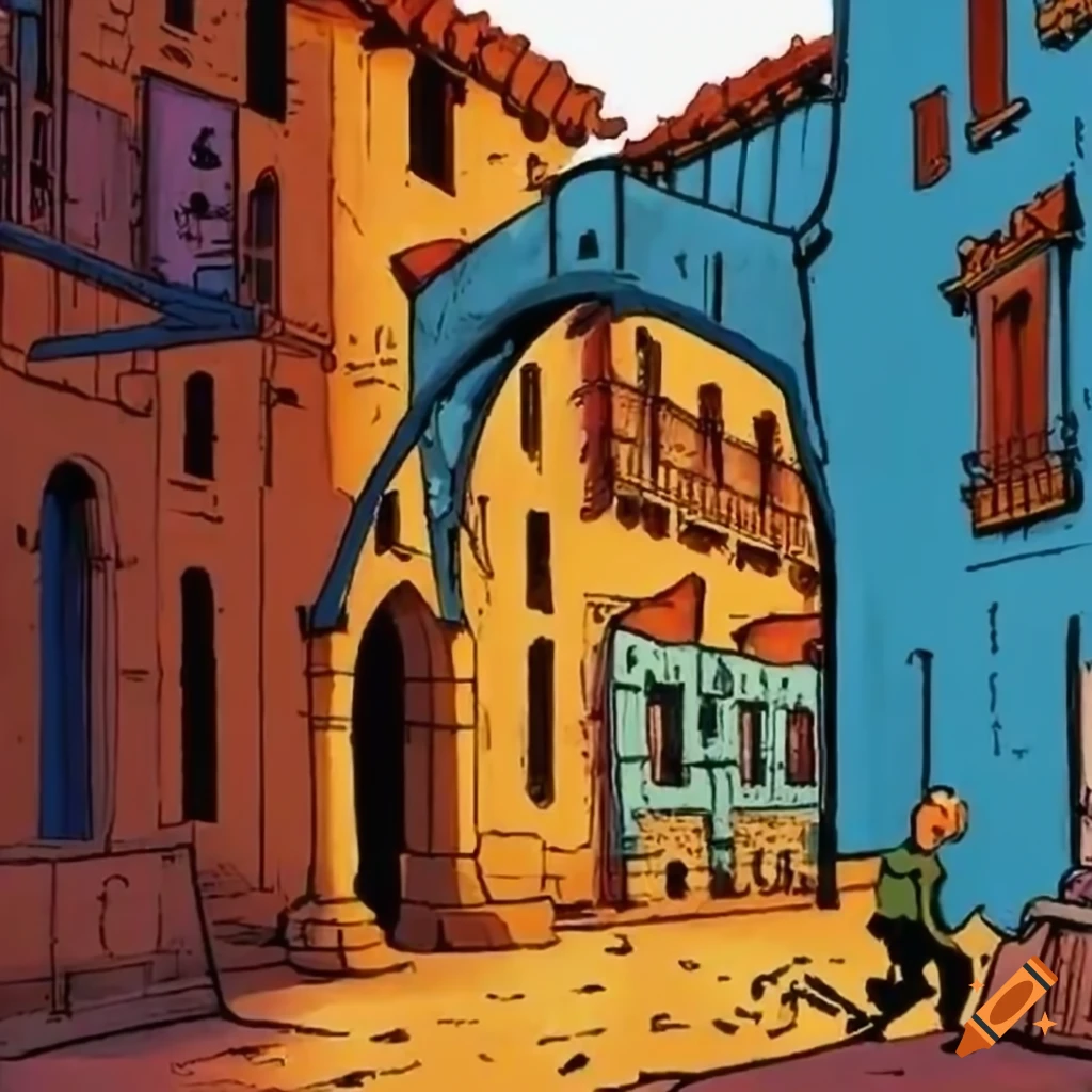 Tintin-style illustration of a medieval spanish town on Craiyon