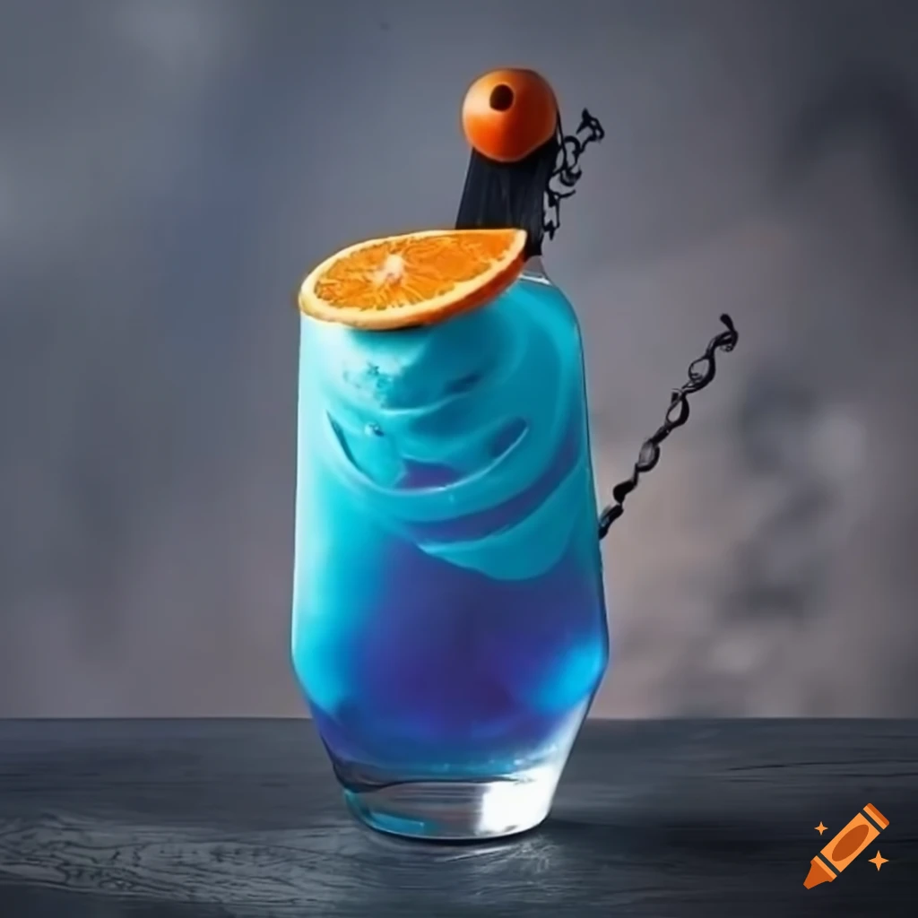 Blue Halloween cocktail with orange slice and red syrup on Craiyon