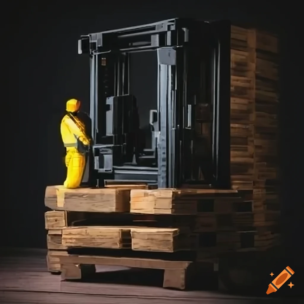 Person standing on a pallet lifted by forklift on Craiyon